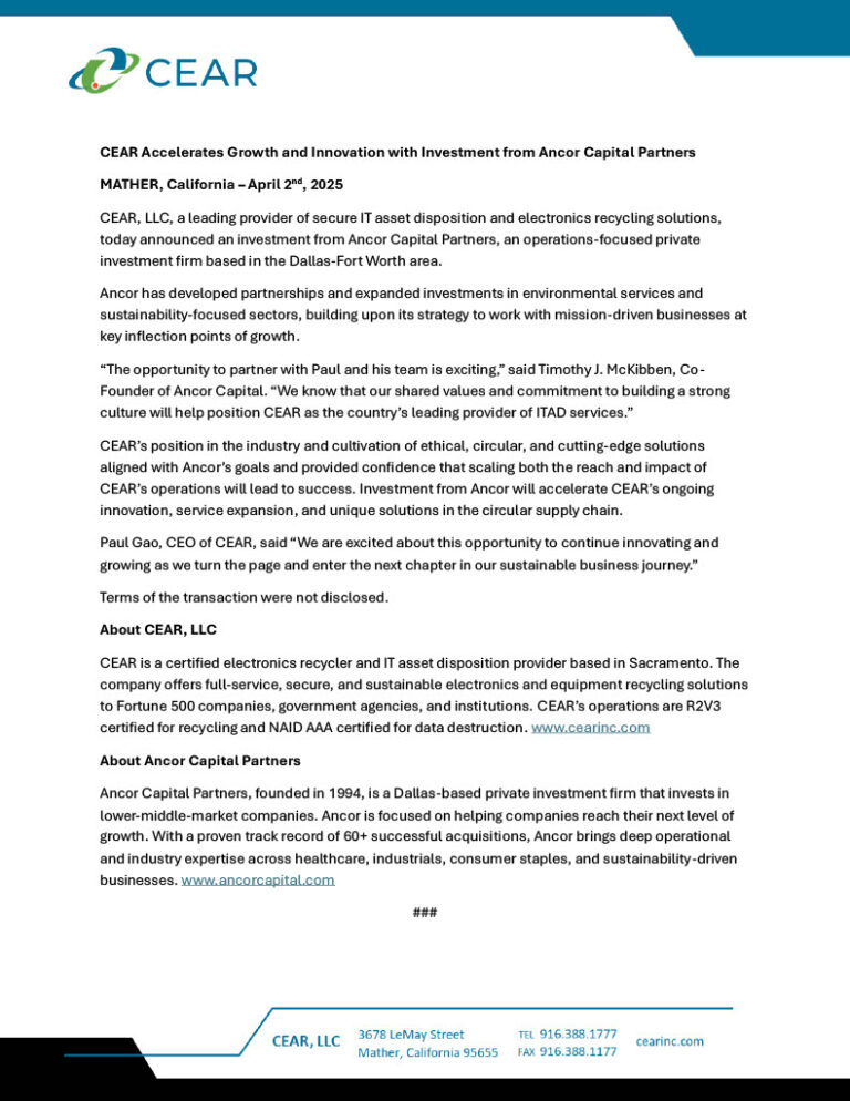 CEAR Accelerates Growth and Innovation with Investment from Ancor ...